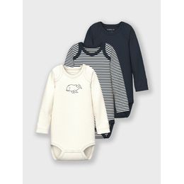 Body name it "NBNBODY 3P LS Y/D CORE 2 NOOS", Baby, Gr. 50, N-Gr, blau (schwarz sapphire), Sweatware, Obermaterial: 100% Baumwolle, gemustert, regular fit, amerikanischer Ausschnitt, Bodys