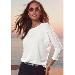 Rundhalsshirt Lascana "mit funkelnden Strass-Steinen", Damen, Gr. 32/34, creme, Strick, Obermaterial: 50% Viskose (LENZING™ ECOVERO™), 46% Polyester, 4% Elasthan, Glitzermuster, figurumspielend, Rundhals, Shirts, aus weichem Viskose-Strick