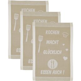 Geschirrtuch Ross "Kochen macht glücklich... Essen auch", beige (natur, sand), B:50cm L:70cm, 100% Baumwolle, Geschirrtücher, Sprüchetuch, aus 100% Baumwolle