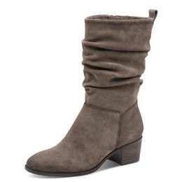 Stiefel Tamaris, Damen, Gr. 37, taupe, Veloursleder, unifarben, Schuhe, Blockabsatz, Kurzstiefel mit Falten am slouchy Schaft