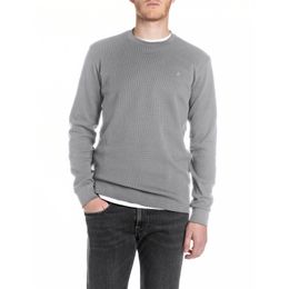 Longsleeve Replay, Herren, Gr. XXL, lead grau, Strick, Obermaterial: 100% Baumwolle, unifarben, regular fit normal, Rundhals, breiter Bund, Shirts, Regular Fit, Rundhalsform