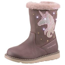 Winterstiefel Tom Tailor "Blinkschuh", Damen, Gr. 28, altrosa, Lederimitat, Textil, Glitzer, Schuhe Winterstiefel, Langschafttstiefel, Kinderstiefel mit blinkendem Einhornmotiv