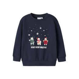 Sweatshirt name it "NMMVISMAS LS NREG SWEAT BRU", Jungen, Gr. 104, navy blazer print:bear, Sweatware, Obermaterial: 100% Baumwolle, bedruckt, normal, Rundhals, Sweatshirts