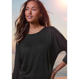 Rundhalsshirt Lascana "mit funkelnden Strass-Steinen", Damen, Gr. 40/42, schwarz, Strick, Obermaterial: 50% Viskose (LENZING&trade; ECOVERO&trade;), 46% Polyester, 4% Elasthan, Glitzermuster, figurumspielend, Rundhals, Shirts Rundhalsshirt, aus weichem Viskose-Strick