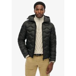 Steppjacke Superdry "HOODED QUILTED WAVE PADDED JKT", Herren, Gr. L, schwarz (jet schwarz), Web, Obermaterial: 100% Polyester, unifarben, regular fit, Jacken
