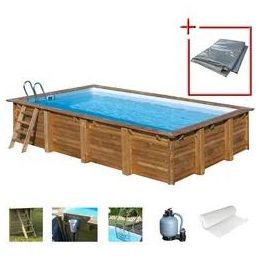 Rechteckpool GRE "MANGO mit Edelstahlleiter", braun, B:320cm H:130cm L:618cm, Schwimmbecken, Kiefernholz, BxLxH: 320x618x130 cm