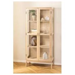 Stauraumschrank Actona GROUP "Linley Vitrine, Mehrzweckschrank", beige (natur), B:80cm H:180cm T:40cm, Schränke, Eichenfurnier/Eiche, Lamellenrücken, 3 Einlegeböden, 2 Glastüren