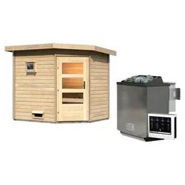 Saunahaus Karibu "Tore", beige (naturbelassen), Bio-Ofen, externe Steuerung, 9 kW, Saunen, moderne Tür, Ofen 9 kW Bio externe Strg easy