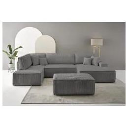 Wohnlandschaft Andas "FINNLEY, U-Form XXL 329 cm, Schlafsofa, Schlaffunktion m. Bettkasten", grau (anthrazit), B:329cm H:85cm T:195cm, Bezugstoff 100% PES ;Gramatur 400g/qm +/- 5%, Sofas, verfügbar in den Stoffqualitäten Bouclé, Struktur fein und Mega Cord