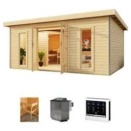 Saunahaus Konifera "Maiko 4 SET A", beige (natur), Bio-Ofen, externe Steuerung, 9 kW, Saunen, naturbelassen, mit Ofen 9 kW Bio ext. Steuerung