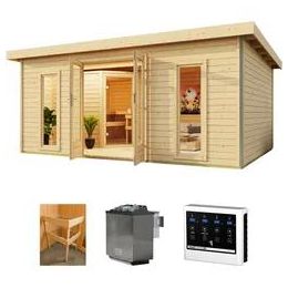 Saunahaus Konifera "Maiko 4 SET B", beige (natur), Bio-Ofen, externe Steuerung, 9 kW, Saunen, naturbelassen, mit Ofen 9 kW Bio ext. Steuerung