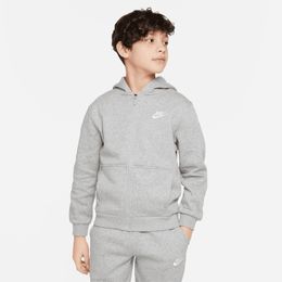 Kapuzensweatjacke Nike Sportswear "K NSW CLUB FLC HD FZ LS LBR", Kinder, Gr. S (128/134), grau (dk grau heather, base grau, weiß), Sweatware, Obermaterial: 80% Baumwolle, 20% Polyester, Rippbündchen, Sweatjacken