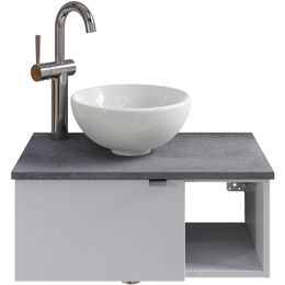 Waschtisch &raquo;Serie 6915 Waschschale mit Unterschrank f&uuml;r G&auml;stebad, G&auml;ste WC&laquo; Keramik-Aufsatzbecken, Waschtischplatte, Waschtischunterschrank, 3 Stk. 