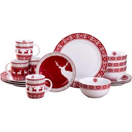 Retsch Arzberg Kombiservice »Geschirr-Set, Service Nordic Reindeer, Winter, Advent, Weihnachten« Rentier-Design, 16 Teile, für 4 Personen rot/weiß