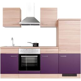 Flex-Well K&uuml;che &raquo;Portland&laquo; wahlw. mit E-Ger&auml;ten, Breite 220 cm, viele Farbvarianten erh&auml;ltlich K&uuml;che: lila + Front: Akazie / Aubergine + Korpus:...