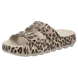 Pantolette RIEKER SPORT, Damen, Gr. M (38/39), braun (leo), Synthetik, animal-print, Basic, Schuhe, Sommerschuh, Strandschuh, Hausschuh mit zwei verstellbaren Schnallen