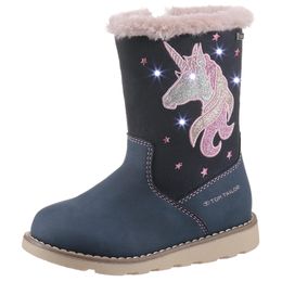 Winterstiefel Tom Tailor "Blinkschuh", Kinder, Gr. 25, blau (dunkelblau), Lederimitat, Textil, Glitzer, Schuhe, Langschafttstiefel, Kinderstiefel mit blinkendem Einhornmotiv