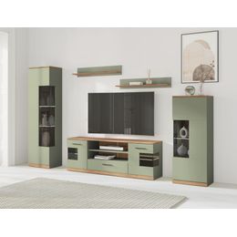 Wohnwand Home Affaire "Ribe,Set-5 St.,Oberplatten Eiche massiv,viel Stauraum", salbei, eiche, Holzwerkstoff, Massivholz, Kastenmöbel-Sets, Glaseinsatz aus gehärtetem Glas,Böden teilweise versetzbar