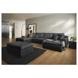 Wohnlandschaft Home Affaire "Win U-Form", schwarz-weiß (schwarz, weiß, schwarz), B:366cm H:85cm T:176cm, 100% Polyester, Sofas, inklusive Bettfunktion und Bettkasten