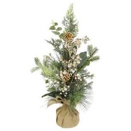 Winterliche Kunstpflanze I.GE.A. "Weihnachtsgesteck im Topf aus Jute, Weihnachtsdeko", beige (champagnerfarben), H:60cm Ø:30cm, Kunststoff, Kunstpflanzen, mit Beeren, Eukalyptuszweigen, Koniferen und Zapfen