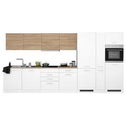 Küchenzeile KOCHSTATION "KS-Visby", weiß (küche: weiß, korpus: weiß, arbeitsplatte: eiche sonoma), B:390cm T:60cm, Komplettküchen-Sets, mit E-Geräten, Breite 390 cm inkl. Kühl/Gefrierkombination