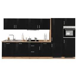 Küchenzeile KOCHSTATION "KS-Tinnum", küche: schwarz, korpus: wotaneichefarben, arbeitsplatte: wotaneichefarben, B:360cm T:60cm, Komplettküchen-Sets, mit E-Geräten, Breite 360 cm