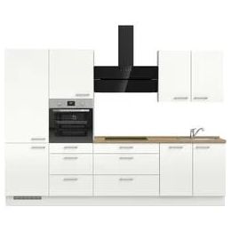 Küchenzeile Nobilia ""Laser II", Ausrichtung wählbar, Breite 300 cm", weiß (küche: weiß, korpus: alpinweiß, arbeitsplatte: eiche havanna nachbildung), B:300,3cm H:216,6cm T:60cm, Komplettküchen-Sets, vormontiert, wahlw. mit unterschiedlichen E-Geräten-Sets
