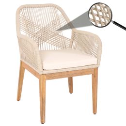 Gartenstuhl HWC-H56b, Sessel Outdoor Stuhl, wetterfest Seilgeflecht Rope Holz Akazie ~ beige Kissen creme-weiß