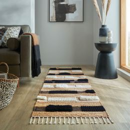 Teppich FLAIR RUGS "Medina Blocks, mit abstrakten Linien", grau (monochrome), B:60cm H:22mm L:230cm, Jute, Wolle, Teppiche, aus Jute/-und Wollmischung, mit Hoch-Tief-Struktur, gemustert