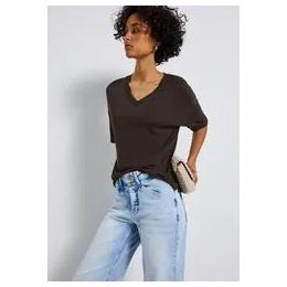 T-Shirt Street One, Damen, Gr. 40, braun (deep roast braun), Strick, Obermaterial: 84% Viskose, 16% Polyester, unifarben, lässig geschnitten hüftbedeckend, V-Ausschnitt, Shirts, mit V-Ausschnitt und im Strick-Look