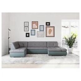 Wohnlandschaft DOMO collection "Moric U-Form, auch in Cord, Breite 353cm, viel Platz", bunt (eisblau, grau), B:353cm H:80cm T:95cm, Microfaser PRIMABELLE / Struktur (90% Polyester/ 10% Polyacryl);Kunstleder SOFTLUX / Struktur (90% Polyester/ 10% Polyacryl), Sofas, im XXL-Format, wahlweise mit Bettfunktion und Armlehnenverstellung