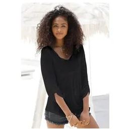 Strandshirt Buffalo, Damen, Gr. 36/38, schwarz, Jersey, Obermaterial: 100% Viskose. Einsatz: 100% Baumwolle, unifarben, figurumspielend hüftlang, Rundhals, mit Riegel, Shirts, mit Stickerei und Quasten, Tunika, 3/4-Arm, Blusenshirt