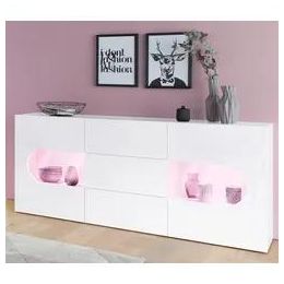 Sideboard Inosign "Real,Vitrine,Kommode,Schrank, komplett hochglanz lackiert", weiß (weiß hochglanz), B:180cm H:81cm T:40cm, FSC-zertifizierter Holzwerkstoff, Glas, Sideboards, mit 2 Glastüren und 3 Schubladen ohne Griff, Breite 180