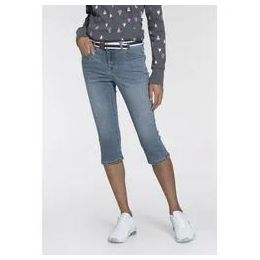 Caprijeans Kangaroos "CAPRI-JEANS mit Gürtel", Damen, Gr. 50, N-Gr, blau (ligth blau u), Denim/Jeans, Obermaterial: 70% Baumwolle, 26% Polyester, 3% Viskose, 1% Elasthan, Abriebeffekte, Basic, skinny fit 3/4-Länge, Jeans 5-Pocket-Jeans, Skinny Fit, mit Schlitz, normale Leibhöhe