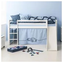 Hochbett Hoppekids "«Cars»", weiß (weiß, dream blau, weiß, weiß), B:101cm H:9cm L:208cm, Bett: 100% Massivholz, Nordische Kiefer;Rutsche: MDF;Vorhang: 100% Baumwolle;Matratze: PU-Schaum;Matratzenbezug: 100% Baumwolle, Hochbetten, Hochbett, Rutsche & Vorhang Blau und viel Auswahl