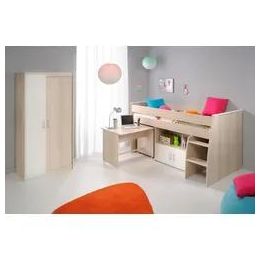 Jugendzimmer-Set Parisot "Charly", weiß (akaziefarben, weiß), Schlafzimmermöbel-Sets, Bett mit herausziehbarem Schreibtisch auf Rollen