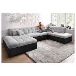 Wohnlandschaft DOMO collection "Moric U-Form, auch in Cord, Breite 353cm, viel Platz", silber (schwarz, silber), B:353cm H:80cm T:95cm, Microfaser PRIMABELLE / Struktur (90% Polyester/ 10% Polyacryl);Kunstleder SOFTLUX / Struktur (90% Polyester/ 10% Polyacryl), Sofas, im XXL-Format, wahlweise mit Bettfunktion und Armlehnenverstellung