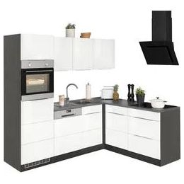 Winkelküche KOCHSTATION "KS-Brindisi", weiß (küche: weiß, front: weiß hochglanz, korpus: grafit, arbeitsplatte: anthrazit), B:230cm H:200cm T:60cm, Komplettküchen-Sets, Küchenzeile, Stellbreite 230/170 cm, wahlweise mit E-Geräten, mit MDF-Fronten