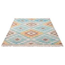 Teppich Tom Tailor HOME "Check Kelim" Gr. 4, bunt (t&uuml;rkis, pastel), B:160cm H:5mm L:230cm, Wolle, Teppiche, Teppich, handgewebt, mit Fransen, Boho-Style