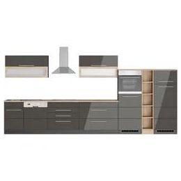Küchenzeile KOCHSTATION "KS-Wien", küche: grau, front: hochglanz grau, korpus: grafit, arbeitsplatte: eiche sonoma, B:440cm H:200cm T:60cm, Komplettküchen-Sets, Breite 440 cm, wahlweise mit E-Geräten
