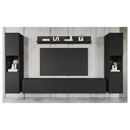 Wohnwand Inosign "PARIS, Vitrine Türanschlag links/rechts wechselbar", schwarz (graphite schwarz matt, graphite schwarz matt), B:260cm H:130cm T:33cm, Hartfaserplatte, Kastenmöbel-Sets, grifflose Design, stehend und hängend montierbar