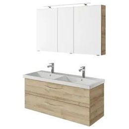 Badmöbel-Set SAPHIR "Serie 4035 2-teilig, Keramik-Doppelwaschtisch mit LED-Spiegelschrank", braun (riviera eiche quer nachbildung), B:120cm H:200cm T:45cm, Spanplatte, Kastenmöbel-Sets, Doppel-Waschplatz inkl Türdämpfer, 120 cm breit, 2 Schubladen, 3 Türen