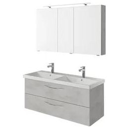 Badmöbel-Set SAPHIR "Serie 4035 2-teilig, Keramik-Doppelwaschtisch mit LED-Spiegelschrank", grau (oxid hellgrau quer), B:120cm H:200cm T:45cm, Spanplatte, Kastenmöbel-Sets, Doppel-Waschplatz inkl Türdämpfer, 120 cm breit, 2 Schubladen, 3 Türen