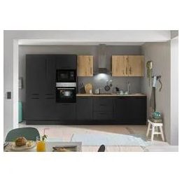 Küchenzeile BASIC BY BALCULINA "Turin", schwarz (küche: schwarz, korpus: schwarz matt woodprint artisan eiche, schwarz matt, artisan eiche, arbeitsplatte: artisan eichefarben), B:360cm H:211cm T:60cm, Komplettküchen-Sets, Küchenzeile, Breite 360 cm, wahlweise mit E-Geräten