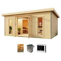 Saunahaus Konifera "Maiko 4 SET B", beige (natur), Bio-Ofen, externe Steuerung, 9 kW, Saunen, naturbelassen, mit Ofen 9 kW ext. Steuerung