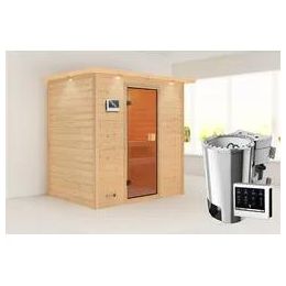 Sauna Karibu ""Sunie" mit bronzierter Tür und Kranz, naturbelassen", naturbelassen, Bio-Kombiofen, externe Steuerung, 230 kW, Saunen, aus hochwertiger nordischer Fichte