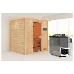Sauna Karibu ""Ricky" mit bronzierter Tür und Kranz, naturbelassen", beige (naturbelassen), Bio-Kombiofen, externe Steuerung, 400 kW, Saunen, aus hochwertiger nordischer Fichte. 9 kW Ofen und integr. Steuerung