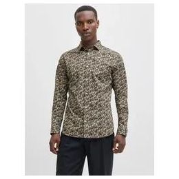 Jack & Jones Langarmhemd JACK & JONES "JPRBLABLACKPOOL STRETCH AOP LS SHIRT SN", Herren, Gr. XL, N-Gr, beech, Web, Obermaterial: 96% Baumwolle, 4% Elasthan, slim fit, Hemden