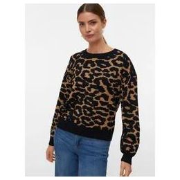 Véro Moda Strickpullover VERO MODA "VMSILJEANIMAL LS O-NCK PULLOVER GA NOOS", Damen, Gr. XS, schwarz (tigers eye pattern:with schwarz leo pattern), Strick, Obermaterial: 77% Viskose, 23% Polyester, gemustert, regular fit normal, Rundhals, Pullover