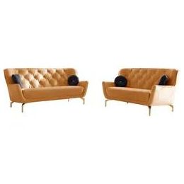 Sit & More Polstergarnitur SIT & MORE "Orient 3", gelb (mustard,), Struktur, 3-Sitzer + 2-Sitzer, 100% Polyester, Sitzmöbel-Sets, inkl. 4 Zierkissen mit Strass-Stein, goldfarbene Metallfüße